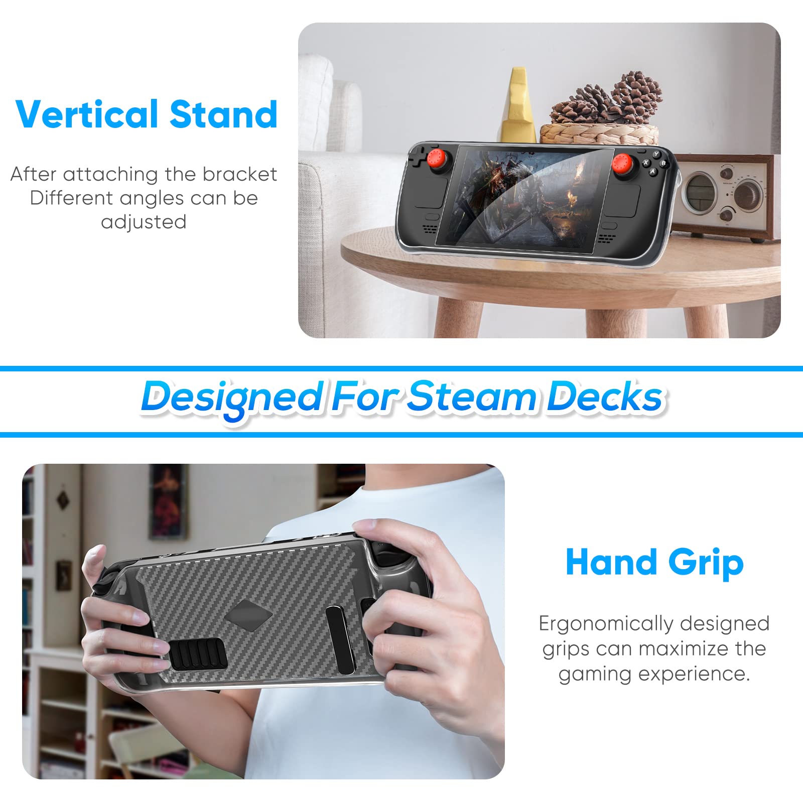 Protective Case for Steam Deck, YUANHOT Soft TPU Cover Protector Accessories Kit with Alloy Adjustable Stand, Screen Protector, Thumb Grips for Steam Deck