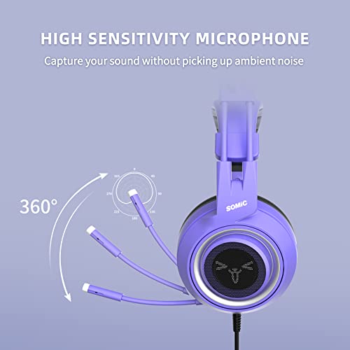 SOMIC G951S Purple Stereo Gaming Headset with Mic for PS4, PS5, Xbox One, PC, Phone, Detachable Cat Ear 3.5MM Noise Reduction Headphones Computer Gaming Headphone Self-Adjusting Gamer Headsets