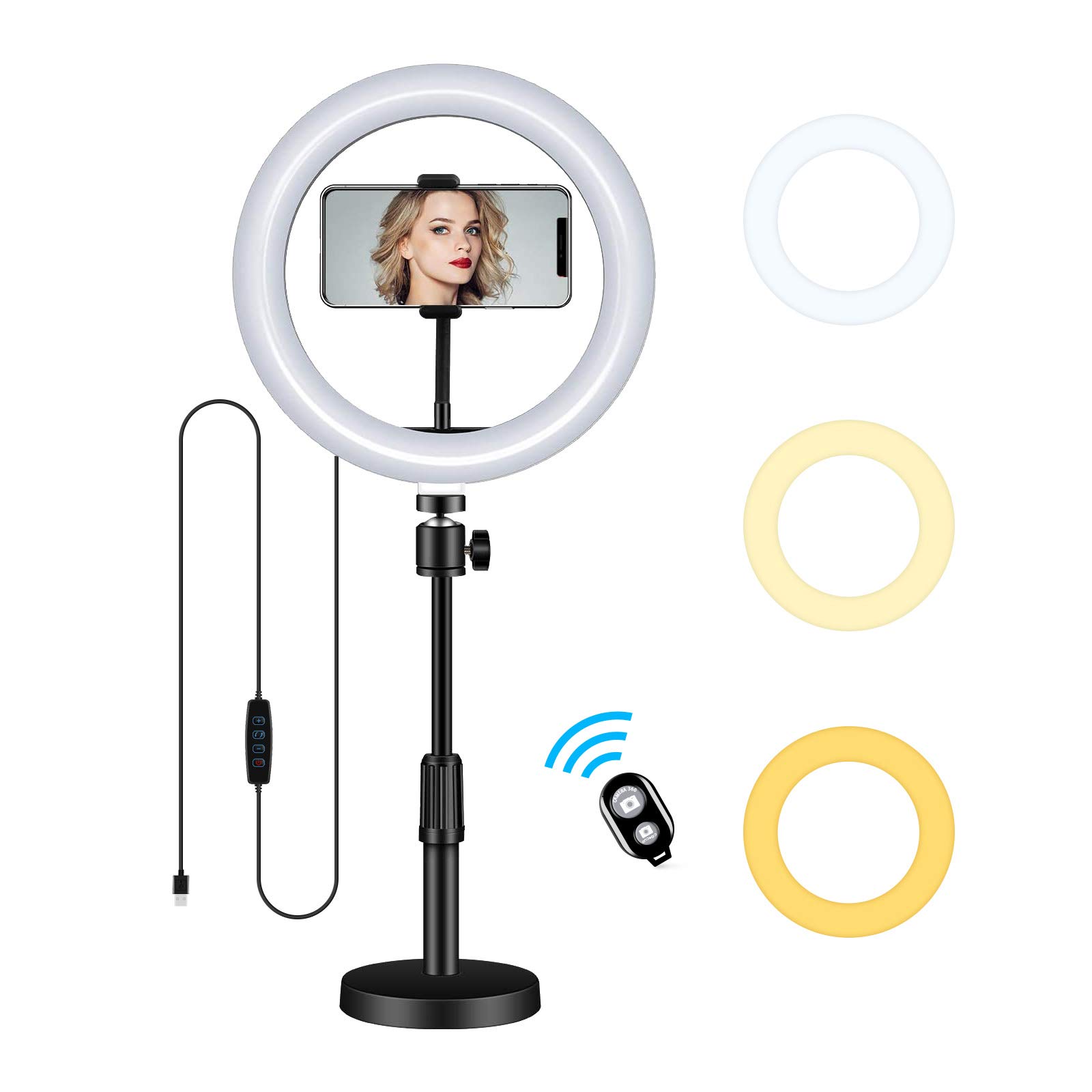 LED Ring Light, 10-inch Desktop Dimmable Beauty Smartphone Ring Light with Stand Cell Phone Holder and Wireless Remote for Makeup, Portrait Photography, Videos, Live Streaming