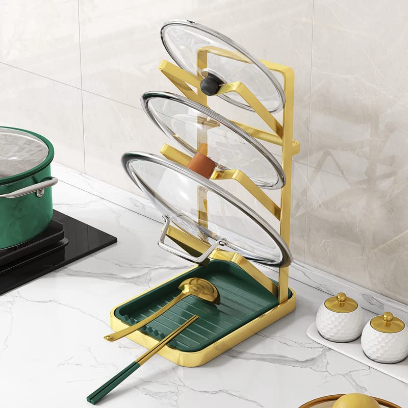 Pot Lid Holders 3 Layer With Removable Drain Tray Lid Stand Rack for Kitchen Cooking Pot Lid Organizer Spoon Rest Holder Cutting Boards Gold Rack
