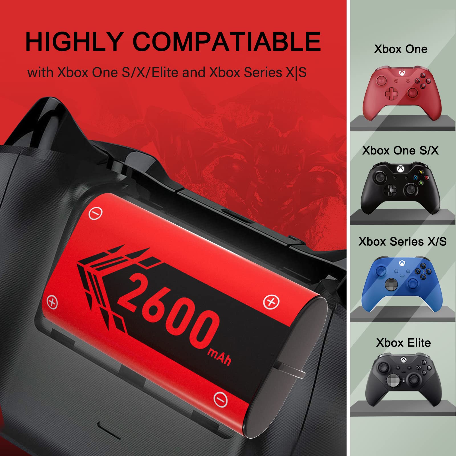 Rechargeable Battery Pack for Xbox One Controller ,4x2600mAh Xbox One Controller Battery Pack ,High Capacity Rechargeable Batteries with Charging Dock for Xbox One S/X ,Xbox Series S/X Controller