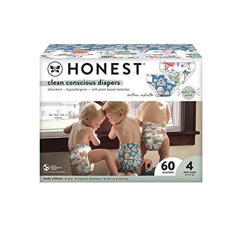 The Honest Company Clean Conscious Diapers | Plant-Based, Sustainable | Holiday '22 Prints | Club Box, Size 4 (22-37 lbs), 60 Count