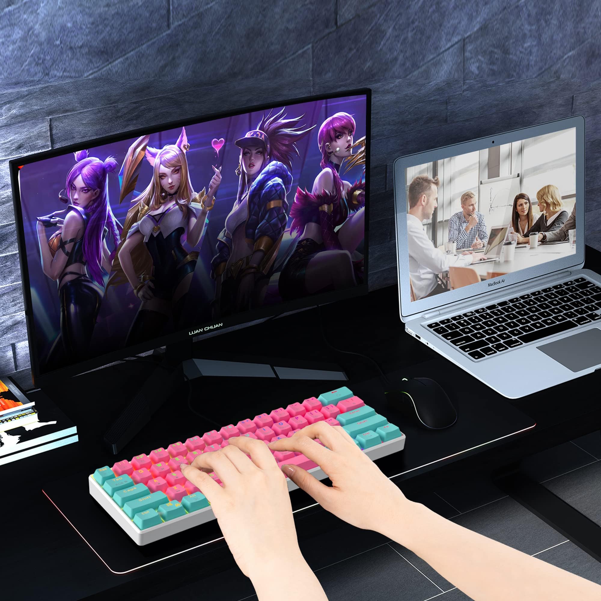 Owpkeenthy Pink 60% Wireless Gaming Keyboard Mechanical, RGB Bluetooth Compact Mini Keyboard with Backlit PBT Keycaps for MAC PC Gamer (Blue Switch/Miami)