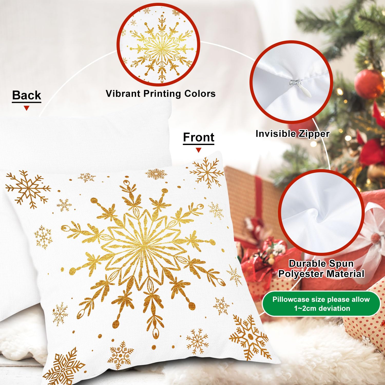 Lanpn White and Gold Bronzing Christmas Throw Pillow Covers 20x20 Set of 4, 20 inch Decorative Xmas Cushion Covers Pillow Cases 20 x 20 for Home Bedroom Room Holiday Couch Decor Decorations