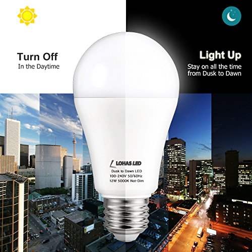 LOHAS Dusk to Dawn LED Outdoor Lighting, 12W(100Watt Equivalent) Smart Sensor Light Bulbs Daylight 5000K, A19 LED Bulb E26 Automatic On/Off Security Yard Lights, Perfect for Porch Garage Patio, 2 Pack