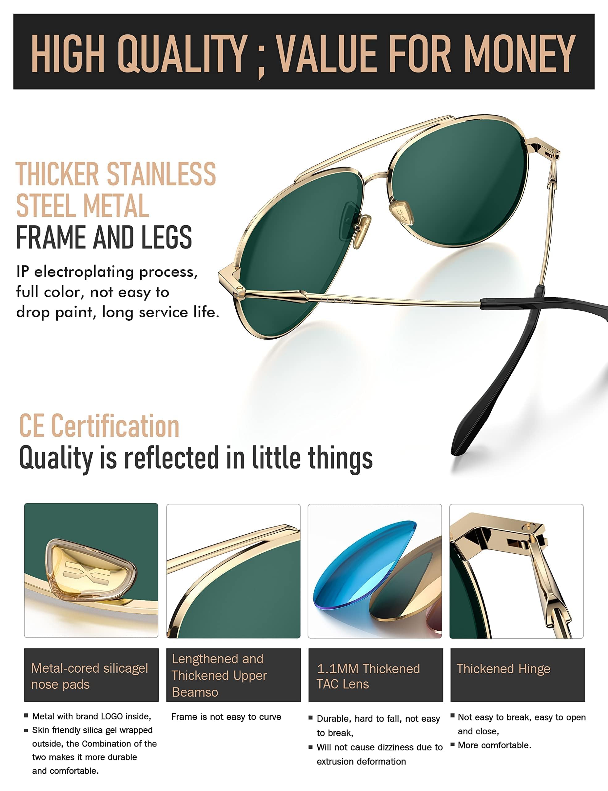 LUENX Men Women Aviator Sunglasses Polarized - UV 400 Protection Black Non Mirror Lens Metal Frame with Accessories 60mm