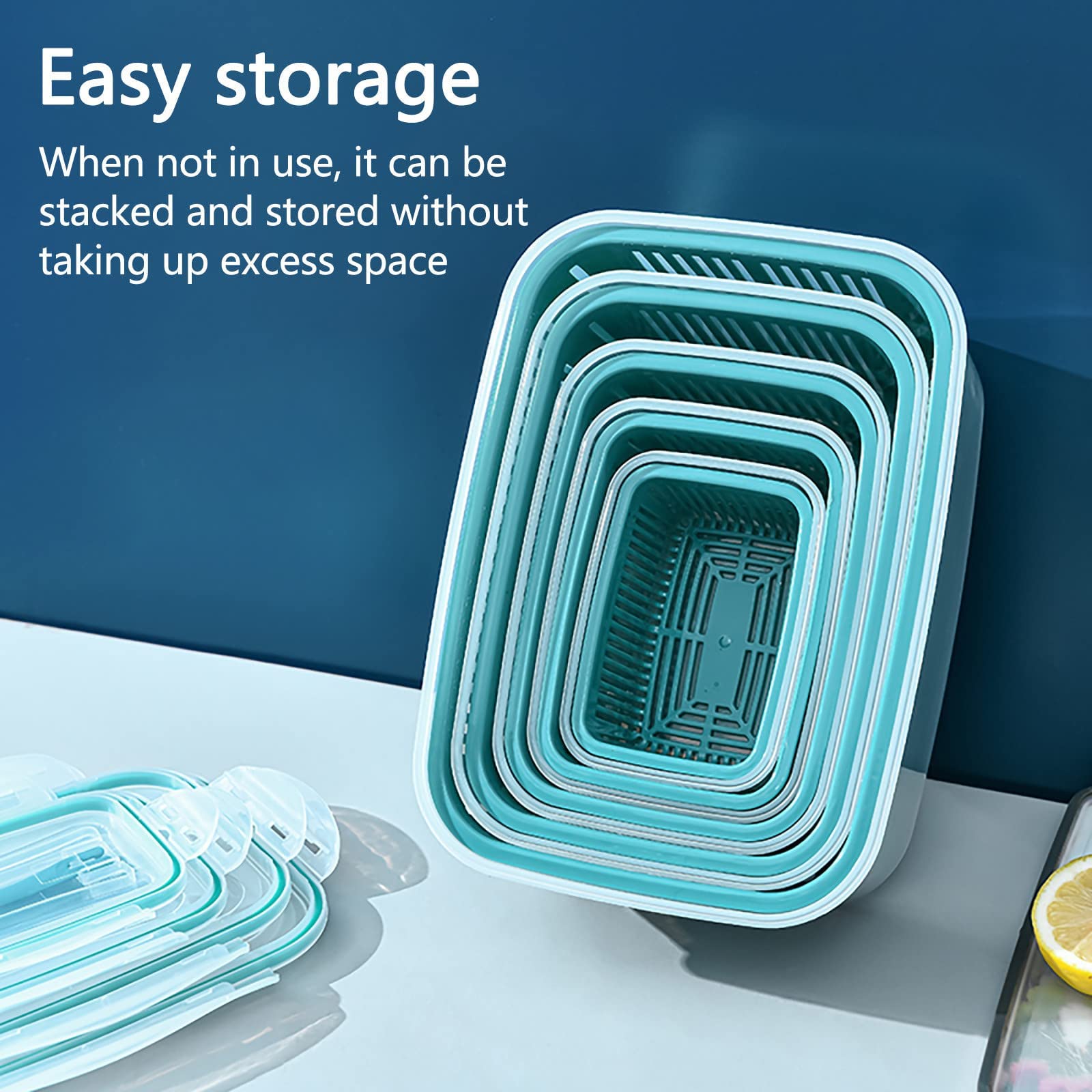 QBOMB Vegetable and Fruit Storage Container, Containers with Lid and and Removable Drain Basket,Containers for Fridge Berries Vegetable Wash, 5 Sizes, Food Grade Safe,2300ml