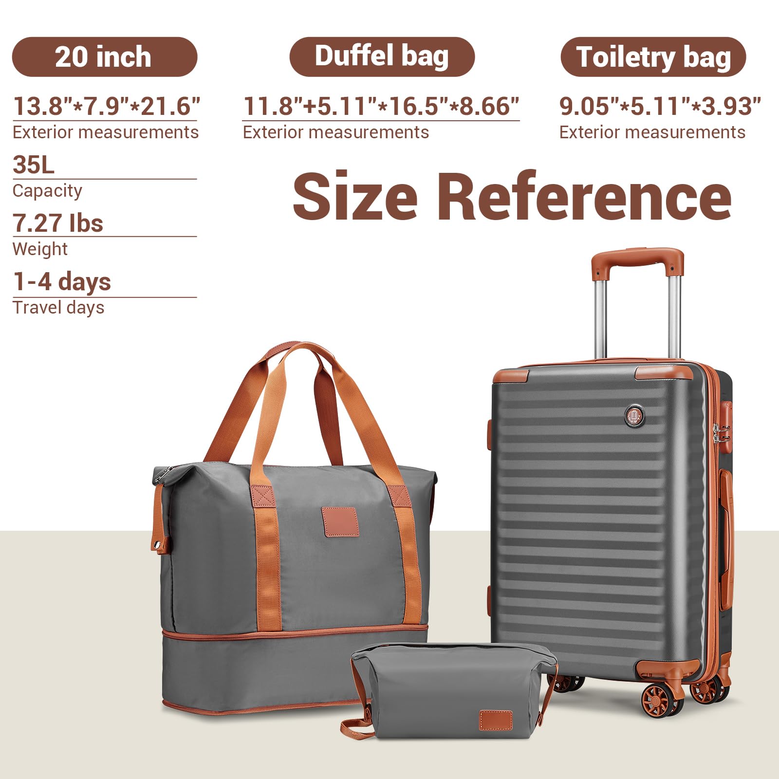 Joyway Carry on Luggage 20 Inch Suitcases with Spinner Wheels, Hard Shell Luggage Sets 3 Piece Travel Suitcase Set with Combination Lock(20-In, Grey Brown)