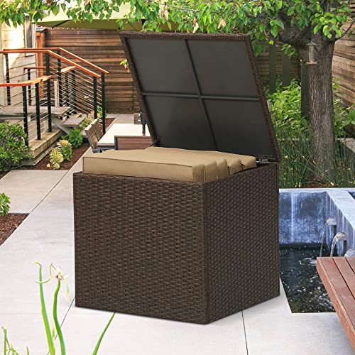 SUNVIVI OUTDOOR 73 Gallon Wicker Deck Box with Waterproof Inner, Hydraulic Pistons, Aluminum Frame for Cushions, Brown