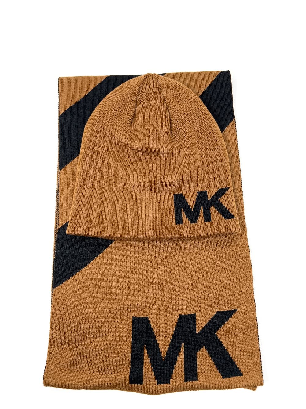 Michael Kors Men's Diagonal Stripe Scarf and Beanie 2 Piece Set, Dark Camel