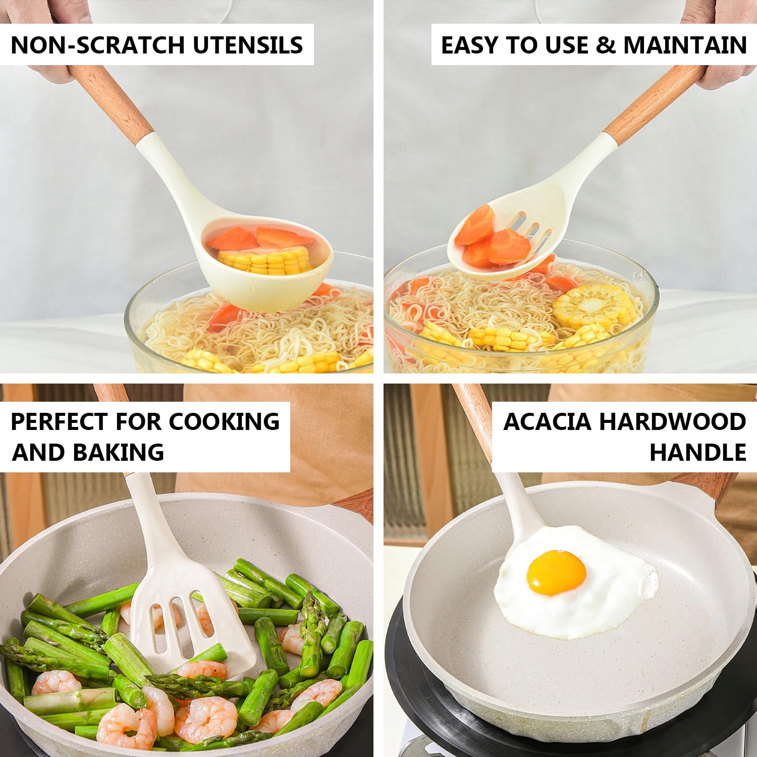 IOCBYHZ Silicone Kitchen Utensils Set of 5, Cooking Utensils Set with Heat Resistant Wooden Handle Non-Stick Silicone Spatula Spoon Turner Ladle Set, BPA FREE Kitchen Gadgets Utensil Set for Cookware