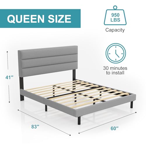 IYEE NATURE Queen Bed with Headboard,Sturdy Platform Bed with Wooden Slats Support,No Box Spring,Mattress Foundation,Easy Assembly,Grey