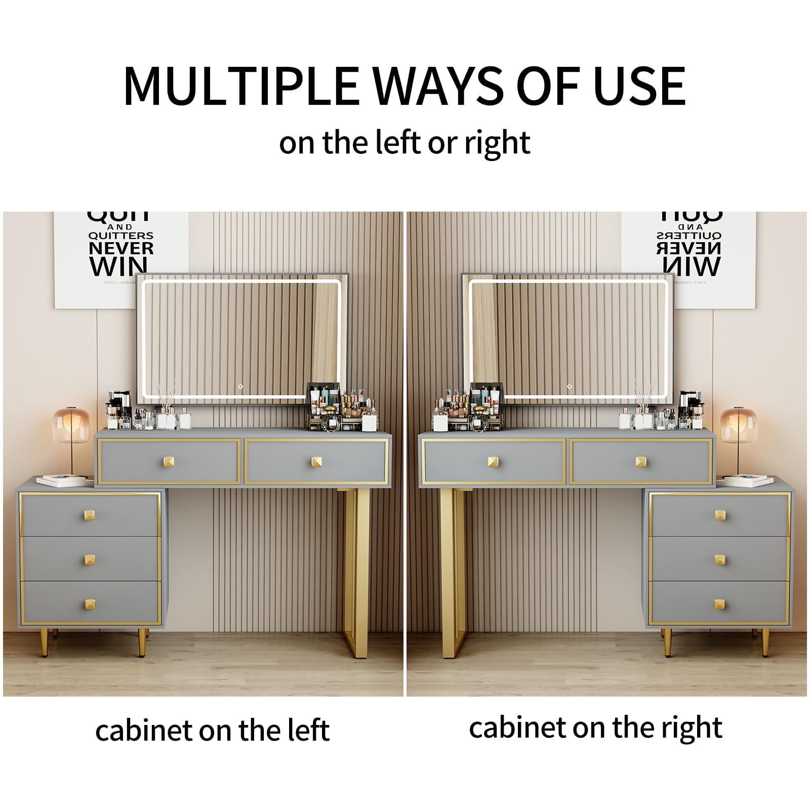 KEHUIBGAJ Modern Vanity Desk,Vanity Table,Makeup Vanity,with Lighted Mirror and 5 Spacious Drawers,Retractable Makeup Dressing Table with Nightstand,Indispensable Bedroom Furniture for Girls