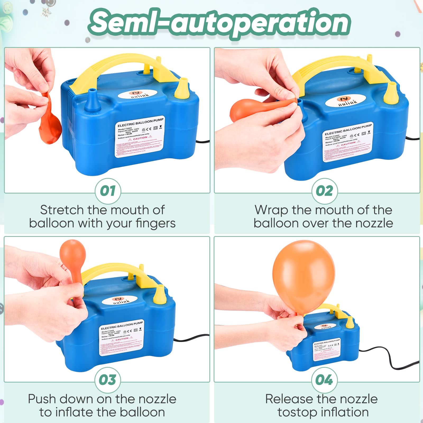 NuLink Electric Portable Dual Nozzle Balloon Blower Pump Inflation for Decoration, Party [110V~120V, 600W, Royal Blue]