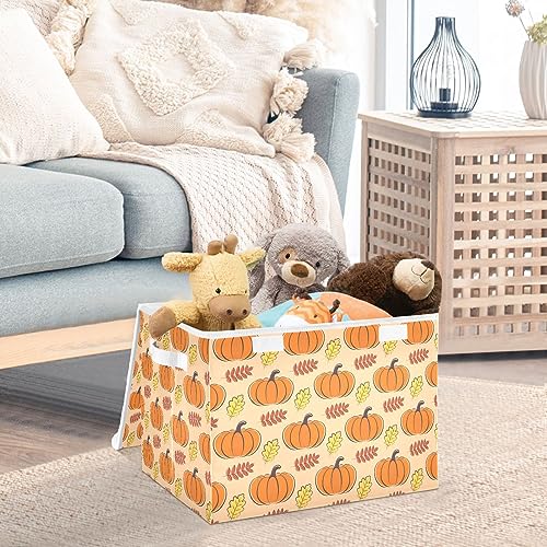 Krafig Foldable Storage Box Large Cube Organizer Bins Autumn Orange Pumpkins Containers Baskets with Lids Handles for Closet Organization, Shelves, Clothes, Toys