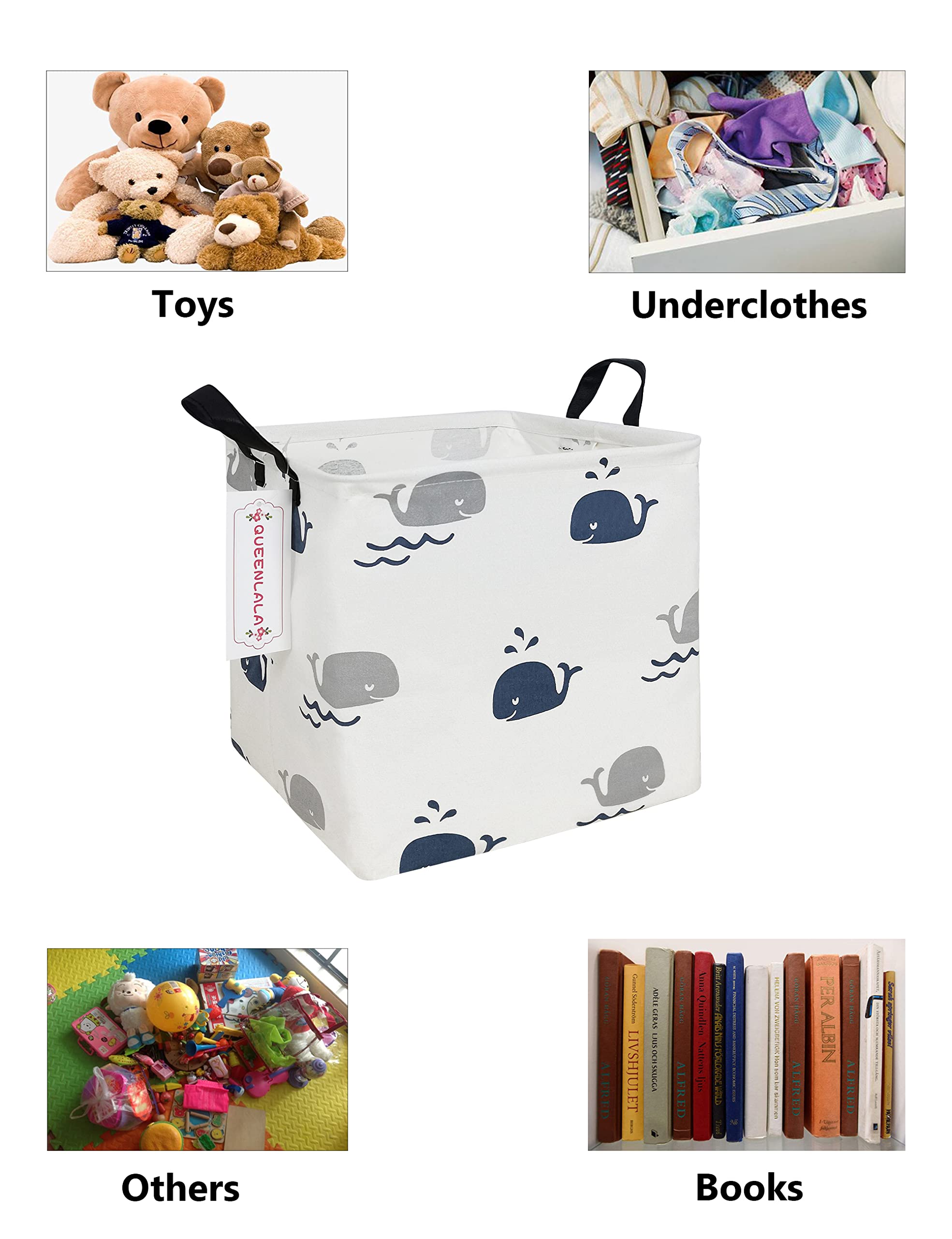 QUEENLALA Rectangular Laundry Hamper/Foldable Nursery Laundry Basket for Organizing/Storage Bin Baskets/Children Toy Office Bedroom/Toy Bin Closet Shelf Baskets(Square-Blue Cute Whale)
