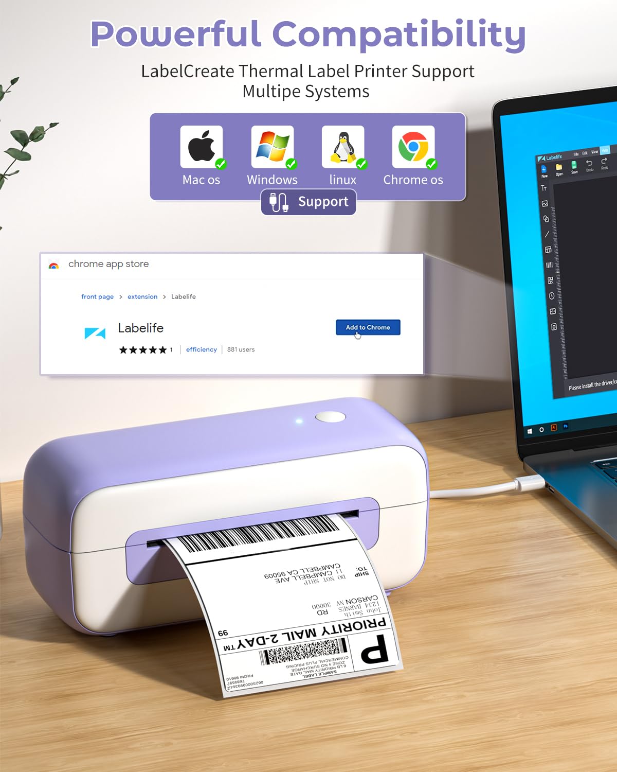 LabelCreate Thermal Shipping Label Printer, 4x6 Thermal Label Printer, Label Printer for Small Business, Direct Thermal Printer Compatible with Amazon Shopify Etsy Ebay FedEx USPS(Only USB)