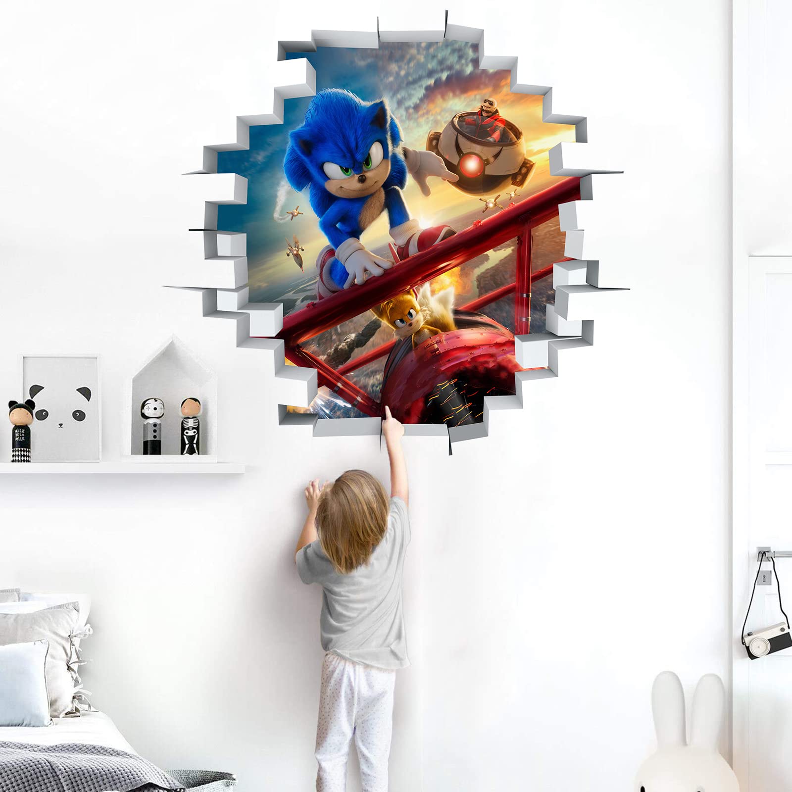 Sonic Wall Decals,6D Smashed Custom Hedgehog Stickers,Kids Game Wall Art Room Wall Decor Boys Bedroom Poster Mural Wallpaper Removable Vinyl Wall Stickers Gift