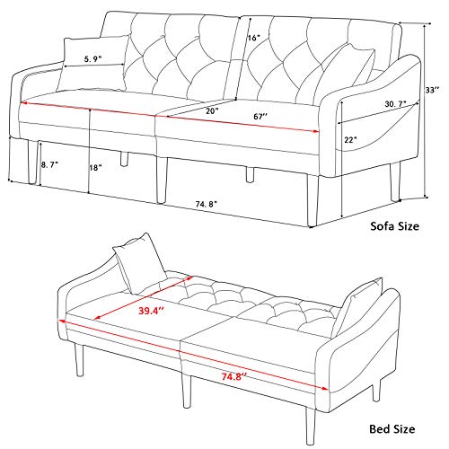 LoLado Futon Sofa Bed Convertible Sleeper Sofa Couch wit Armrests Modern Velvet Sofa Bed for Living Room Office Folding Recliner Futon Couch with Wood Legs (Green)