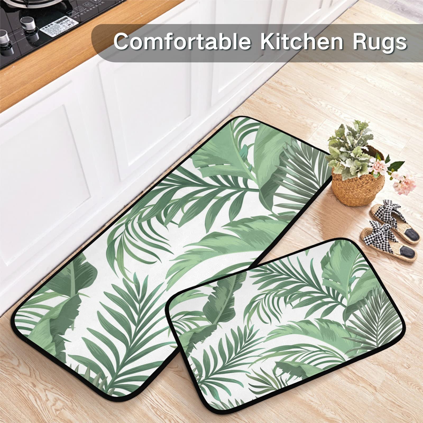Palm Leaf Tropical Plant Kitchen Rugs and Mats 2 Pieces Anti Fatigue Kitchen Rug Set Non-Slip Bath Mat Entry Floor Carpet Entrance Door Mat Runner 20"x28"+20"x47"