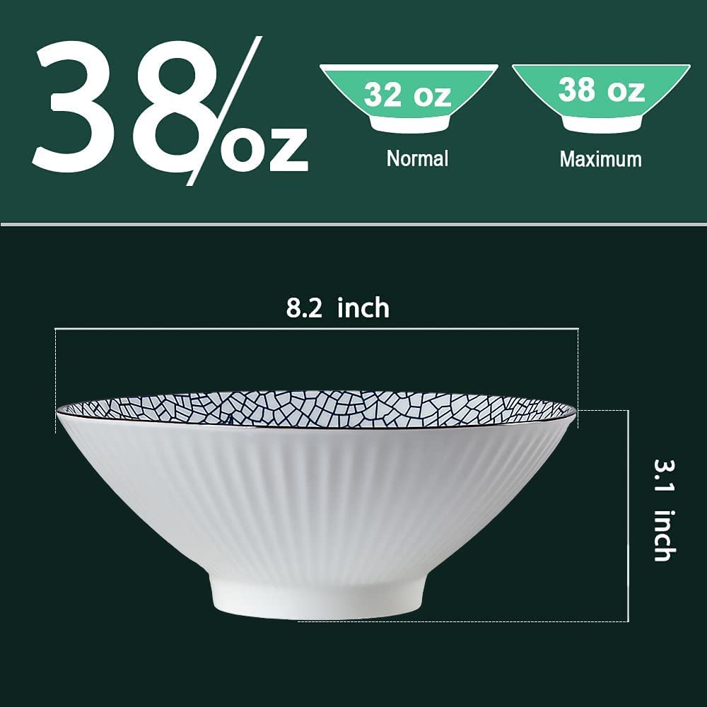 QINLANG 38 oz Japanese Ramen Bowls, Cereal Bowls, Soup Bowls, Pho Bowls, Noodle Bowls, 8 in Blue and White Ceramic Bowls Set of 4, Leaf Pattern