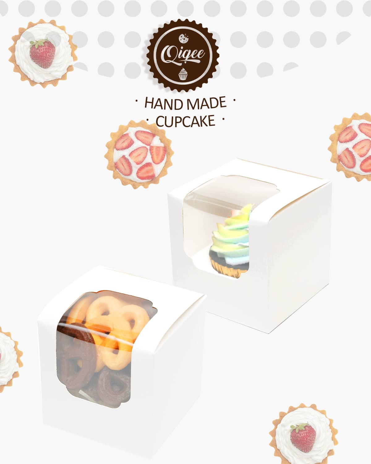 qiqee 100pcs Auto-Popup Mini Cupcake Boxes Individual White 2.5" x 2.5" x 2.5" Single Cupcake Carrier Container for Wedding Favor Birthday & Party(Mini Size)
