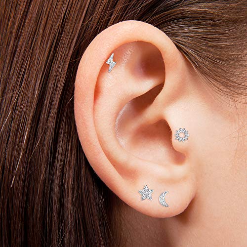MILACOLATO Cubic Zirconia Stud Earrings | 14K White Gold Hypoallergenic Sterling Silver Stud Earrings | Lightning Bolt Moon Star Stud Earrings for Men Women | White Gold