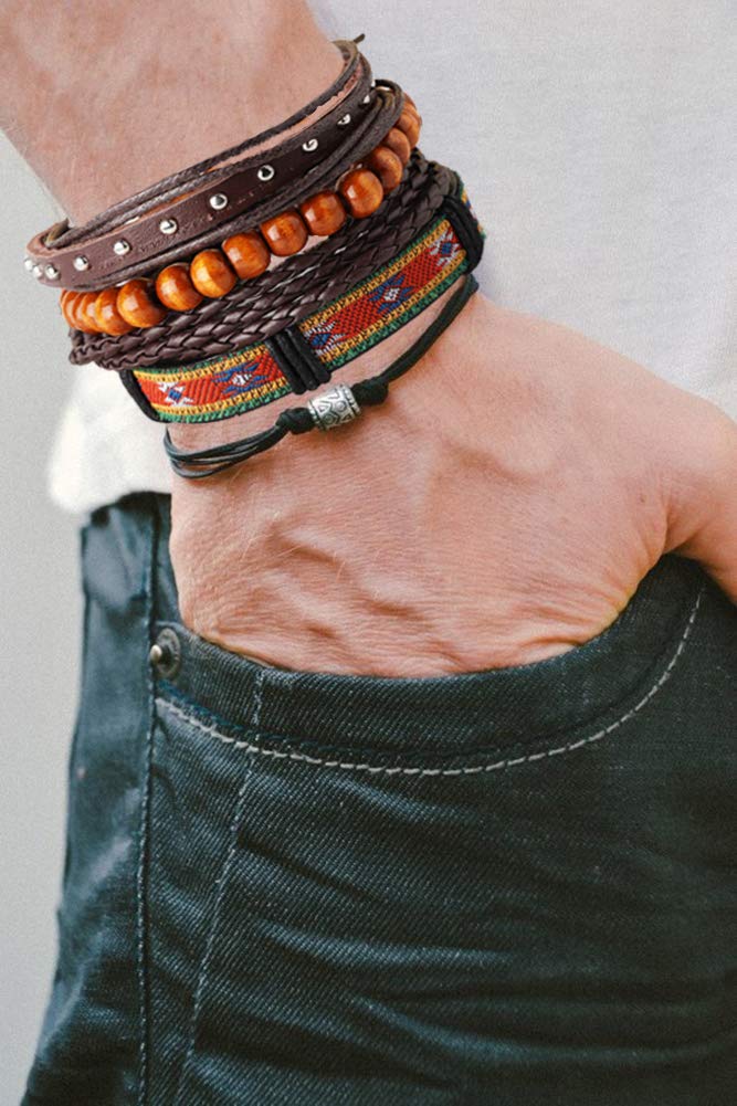 LOLIAS 18Pcs Leather Chakra Bead Tribal Bracelet for Men Women Charm Ethnic Wood Beaded Hemp Bracelets Boho Wristbands