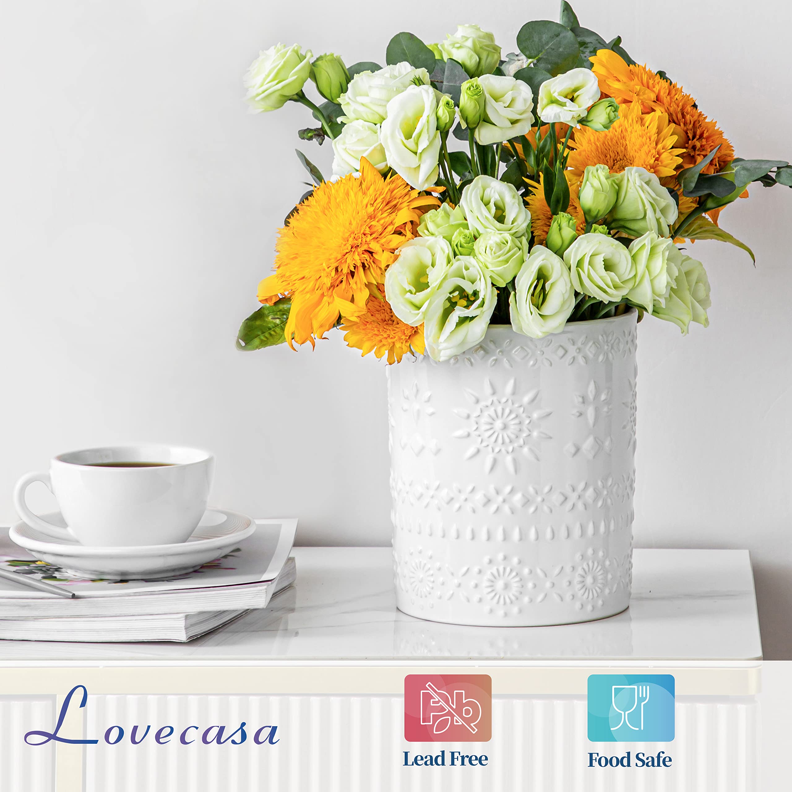 LOVECASA Extra Large Kitchen Utensil Holder, 7.4" Ceramic Utensil Holder For Kitchen Countertop With Heavy And Sturdy Base, Farmhouse Utensil Holder For Kitchen Décor, Utensil Crock Organizer, White
