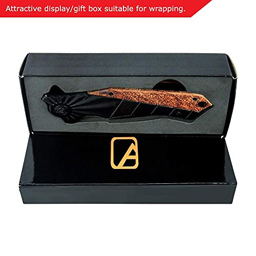 Spring Assisted Pocket Knife with Clip, Folding Pocket Knife - Decorative Metal and Wood Handle Grip