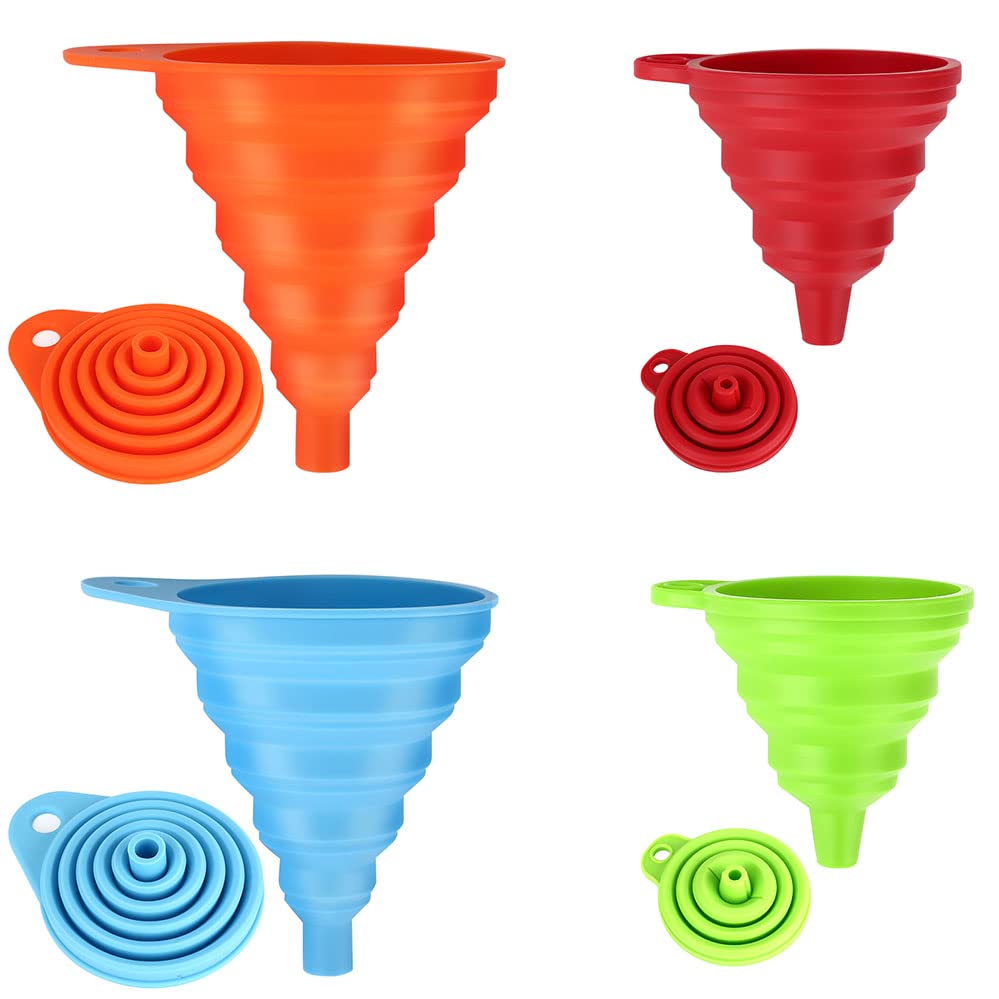 Siasky 4 Pcs Silicone Collapsible Funnel, Food Grade Foldable Kitchen Funnels for Water Bottle Liquid Powder Transfer