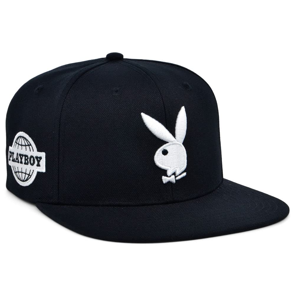 PlayBoy's unisex-adult Tux Flat Bill Adjustable Snapback Hat, Black/White, One Size