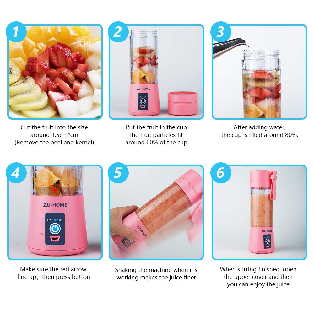 Portable Blender,Zjj-Home Smoothie Blender-Six Blades in 3D, Mini Travel Personal Blender with USB Rechargeable Batteries,Detachable Cup ,USB Juicer Cup 380ml (FDA BPA free) (pink)