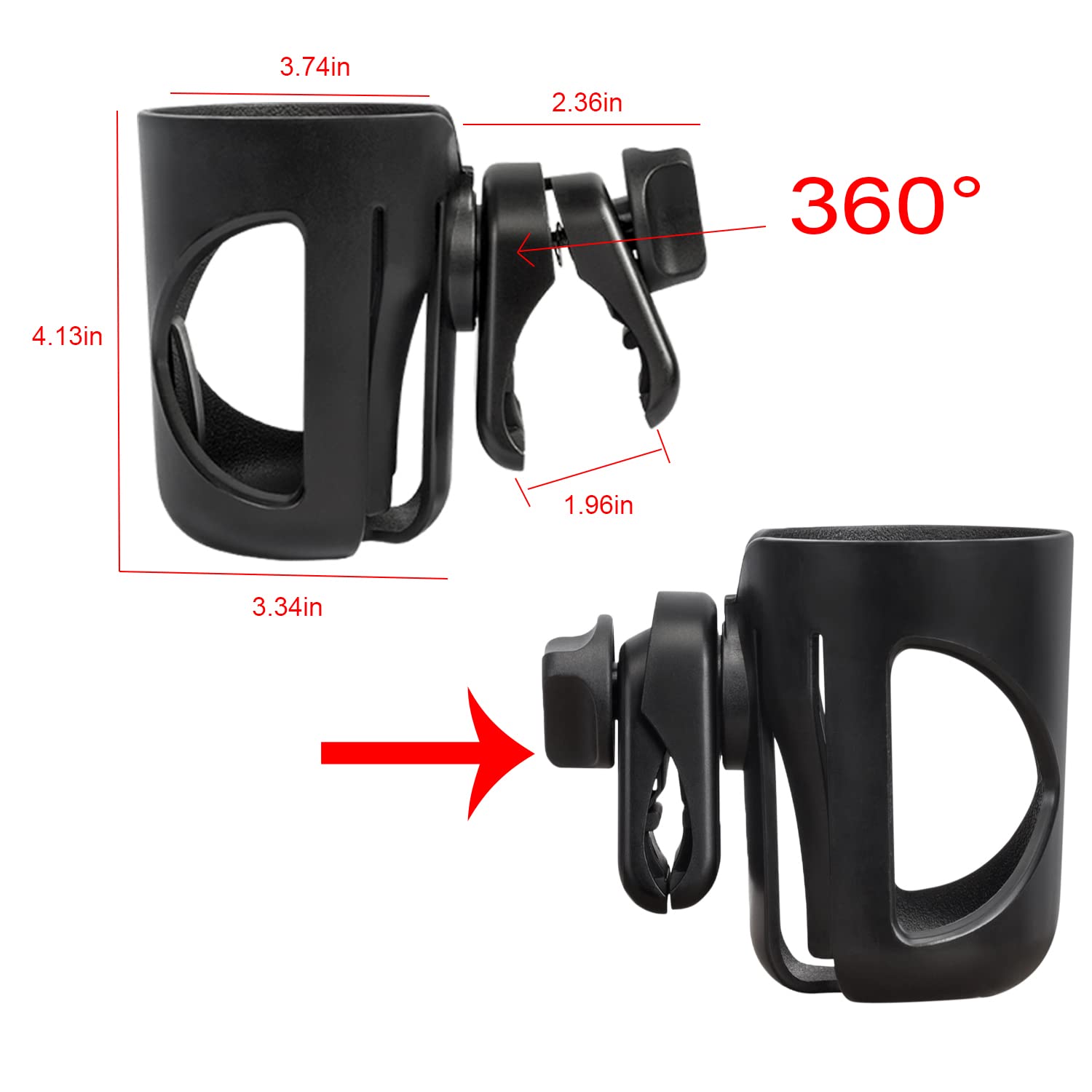 Stroller Cup Holder, 360 Degrees Rotation Bike Cup Holder, Stroller Cup Holder, Large Caliber Designed Cup Holder for Walker, Bike, Wheelchair, Walker, Scooter. (Black)