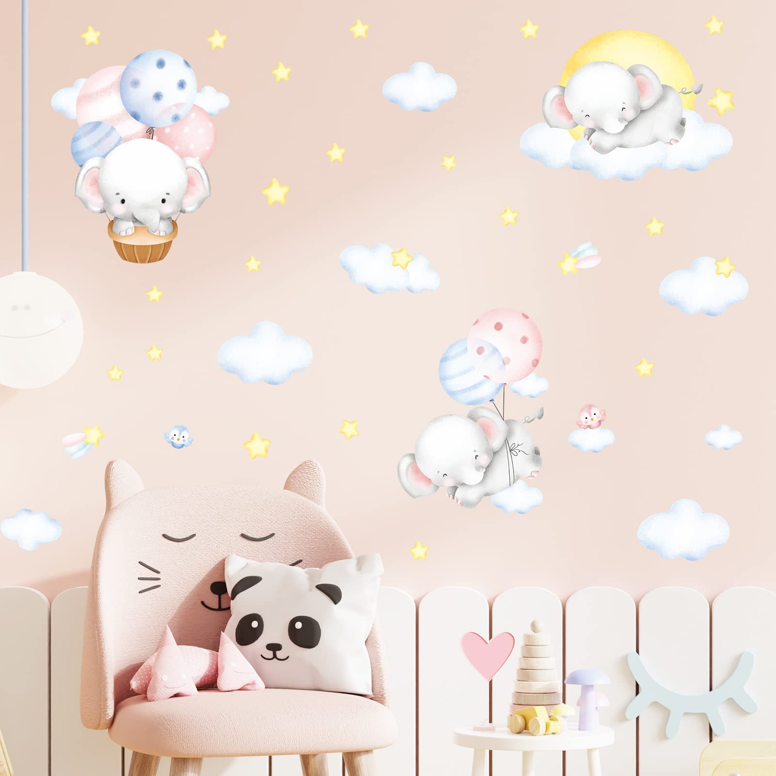 Tedy Bear Sleeping Wall Stickers Baby Decor for Nursery Balloon Cloud Star Wall Decals for Baby Bedroom Decoration
