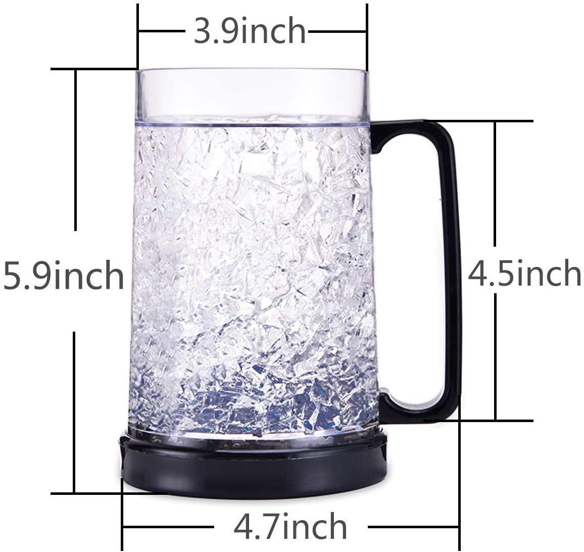Patiomos Drinking Glasses Cups, Double Wall Gel Freezer Beer Mugs, Freezer Ice Mugs Cups, 16oz, Plastic Cooling Beer Mug Clear Set of 4 (2Blue and 2Black)