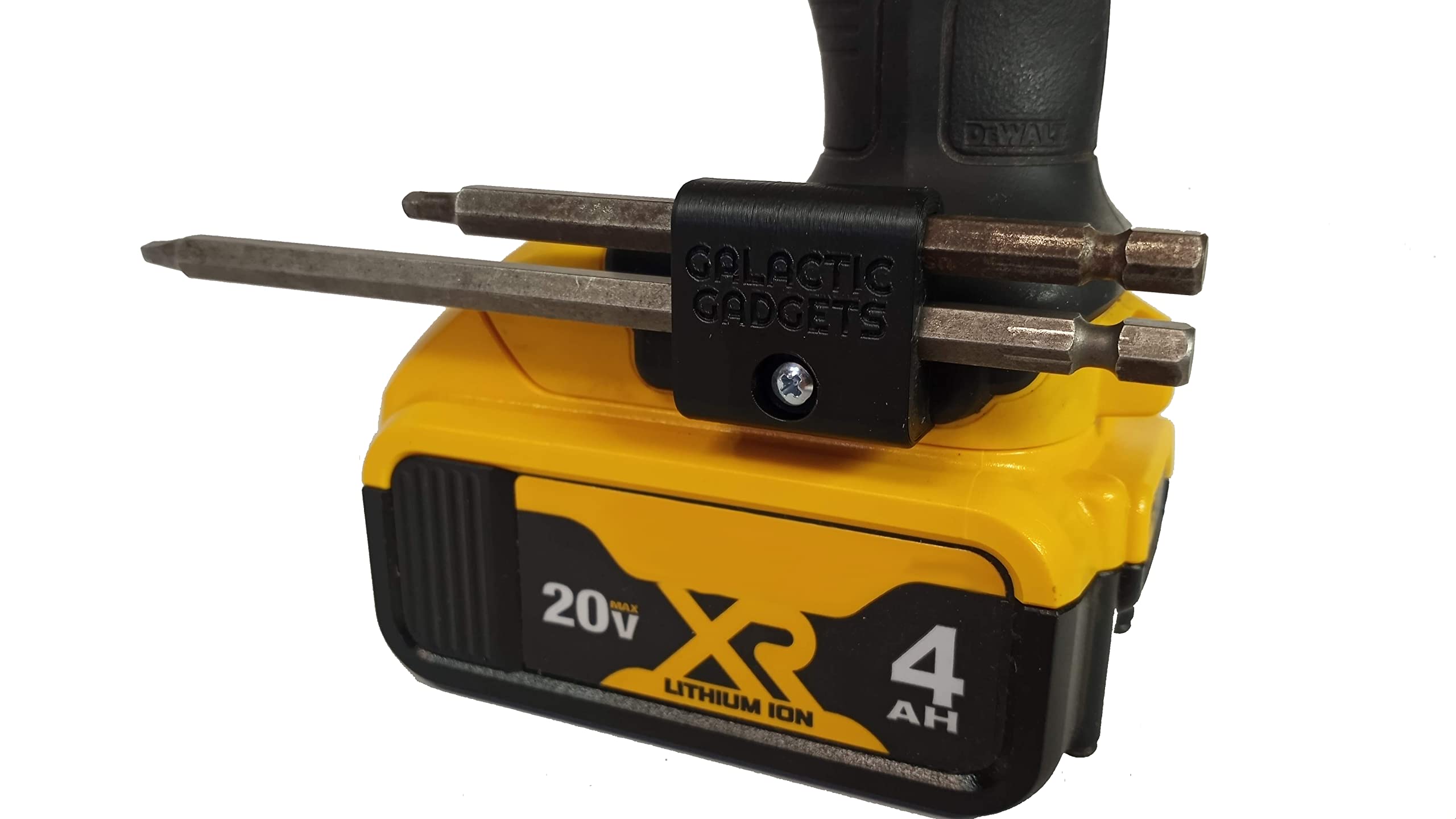 Side Mount MAGNETIC Bit Holder for Dewalt 20V or Craftsman V20 Drill or Driver - 2 Slot Pass Thru (Black) - Galactic Gadgets