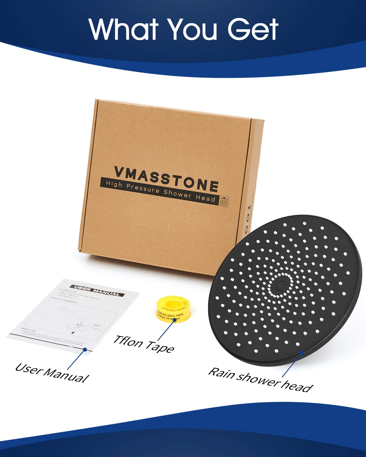 Rain Shower Head VMASSTONE 9In High Pressure Showerhead - Tool Free Installation- with Large Spray Surfaces and 200 Nozzles for Delicate and Unstimulate Shower Experience (EM-001 Matte Black/Black)