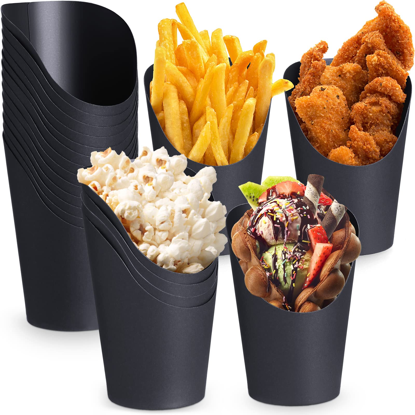 Sieral 100 Pcs French Fry Holder Disposable Halloween Party French Fries Cups 14oz/ 16oz Food Charcuterie Cones Black French Fry Container Paper Waffle Snack Popcorn Box for Wedding Birthday(14 oz)