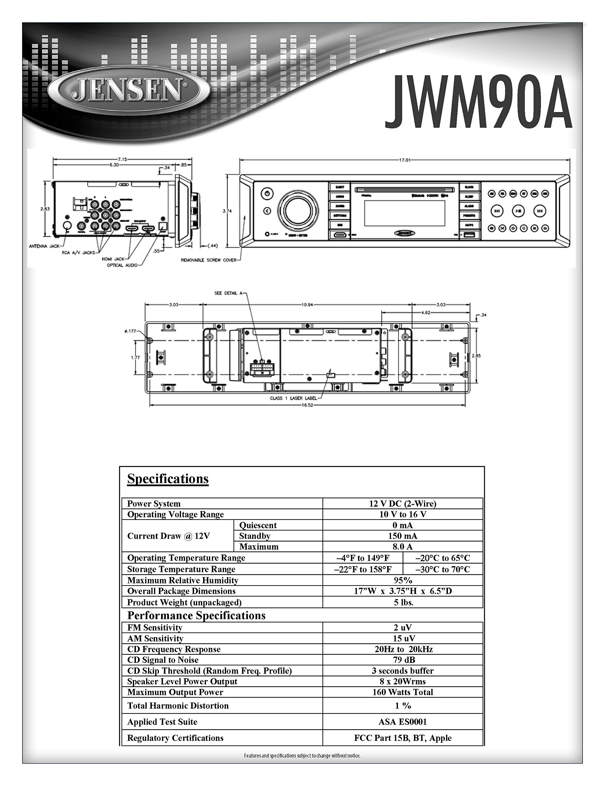 Jensen JWM90A Slimline 3-Zone Source Theater-Style Bluetooth Wallmount Stereo with App Control, DVD/CD-R/RW & MP3 Compatible, Dual HDMI Video Output, HDMI ARC, USB Play MP3/WMA Files, Rear RCA In/Out