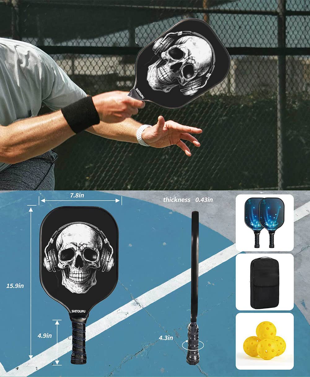 Musical Skull Pickleball Paddles,Pickleball Paddle Set with 2 Paddles and 4 Pickle Balls and Portable Pickle Ball Bag