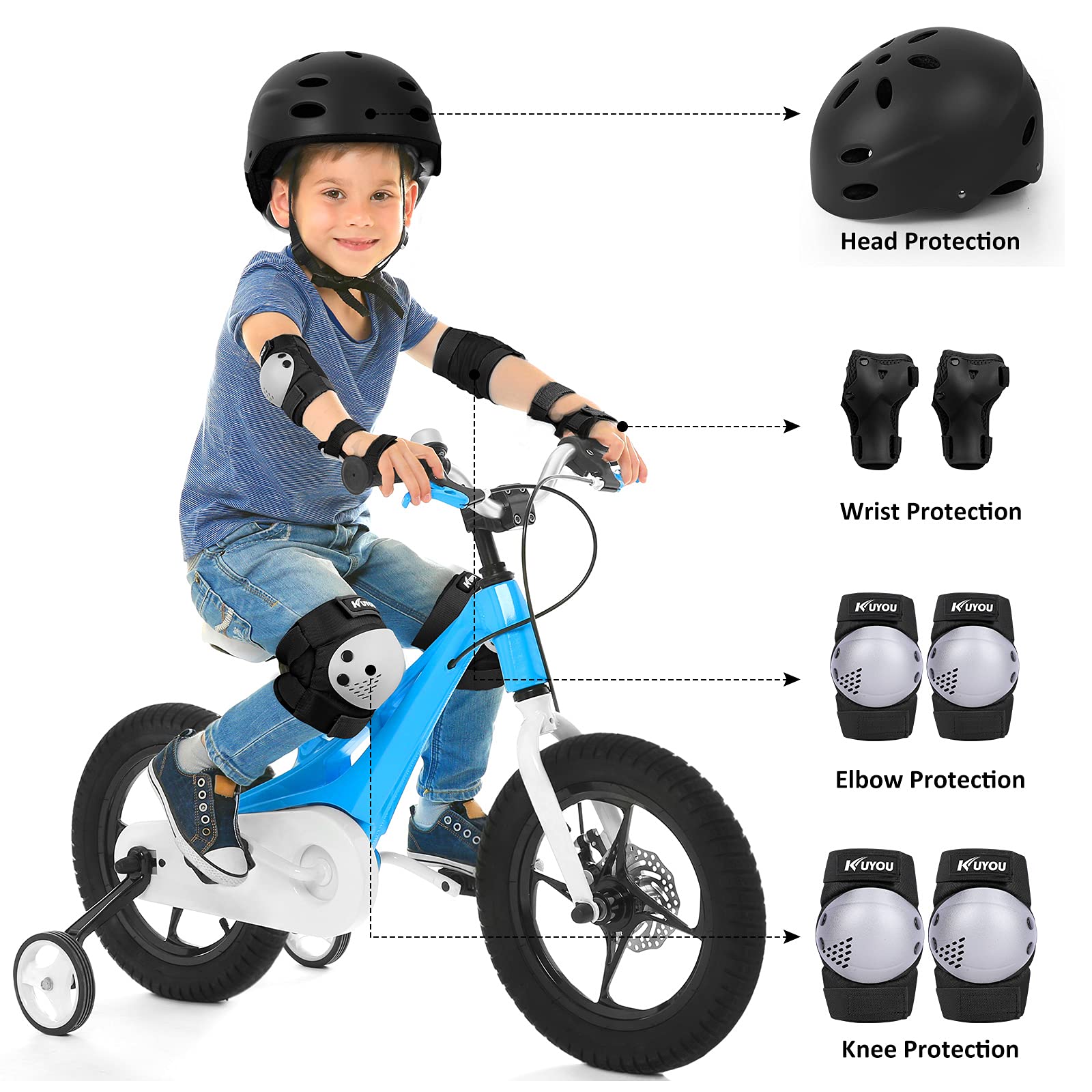Kid's Protective Gear Set,Roller Skating Skateboard BMX Scooter Cycling Protective Gear Pads (Knee Pads+Elbow Pads+Wrist Pads+ Helmet) (Black)