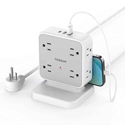 Power Strip Tower Surge Protector, TESSAN 8 AC Outlets with 3 USB (1 USB C Port), 5 FT Flat Plug Extension Cord with 900 Joules Protection, Desk Charging Station for Home Office Supplies, Dorm Room