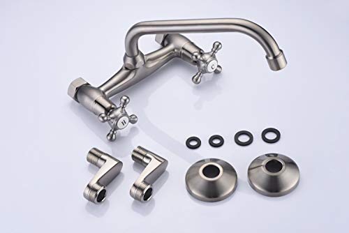 Sumerain Kitchen Wall Faucet 2 Cross Handle Brushed Nickel Wall Mounted Faucet 3" to 9" Adjustable Spread