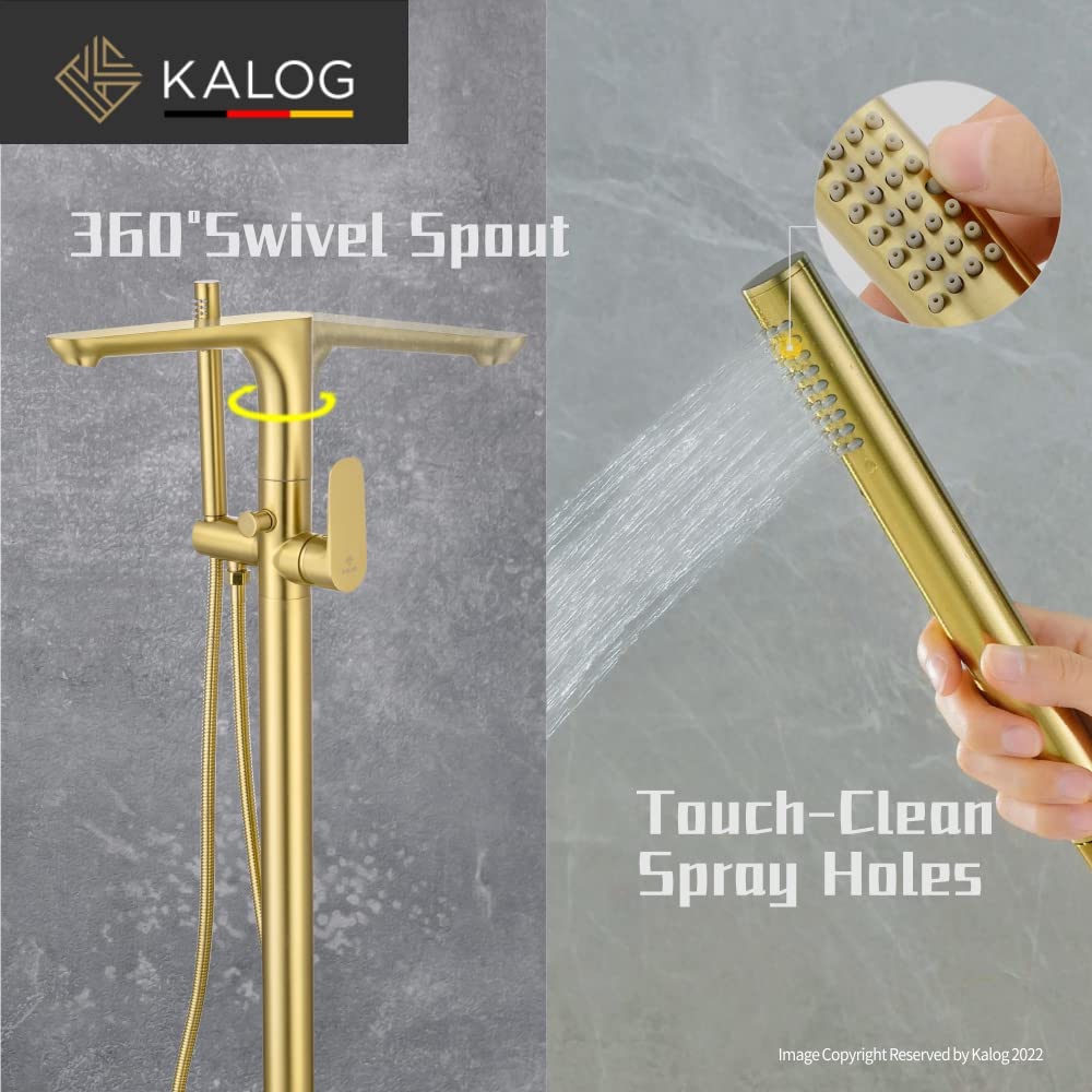 Kalog Single Handle Freestanding Tub Filler Floor Mount Bathtub Faucet with Handheld Shower (Brushed Gold-B)