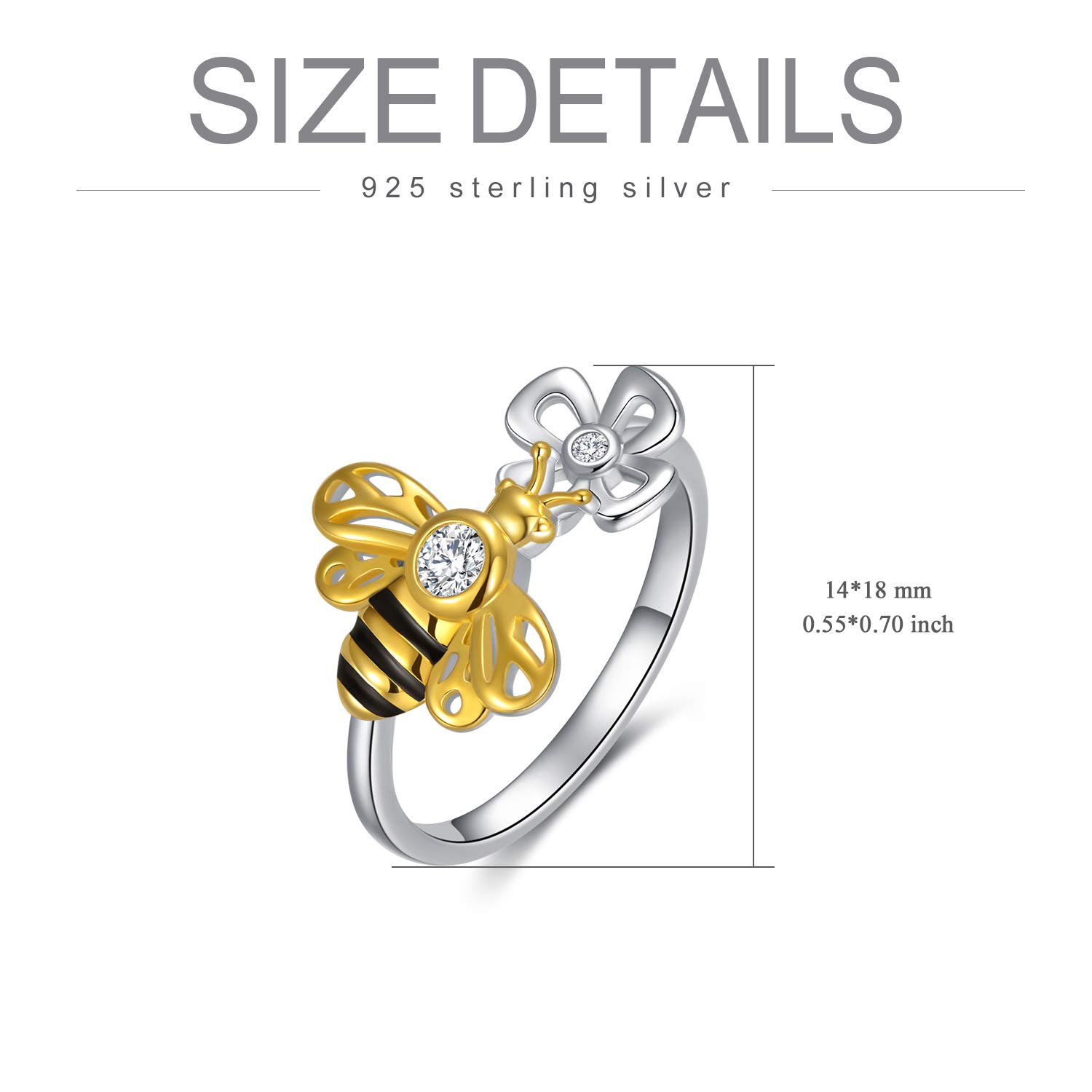 LONAGO Bee Ring with Flower 5A Cubic Zirconia Yellow Gold 925 Sterling Silver Bee Stacking Ring for Women (Size 7)