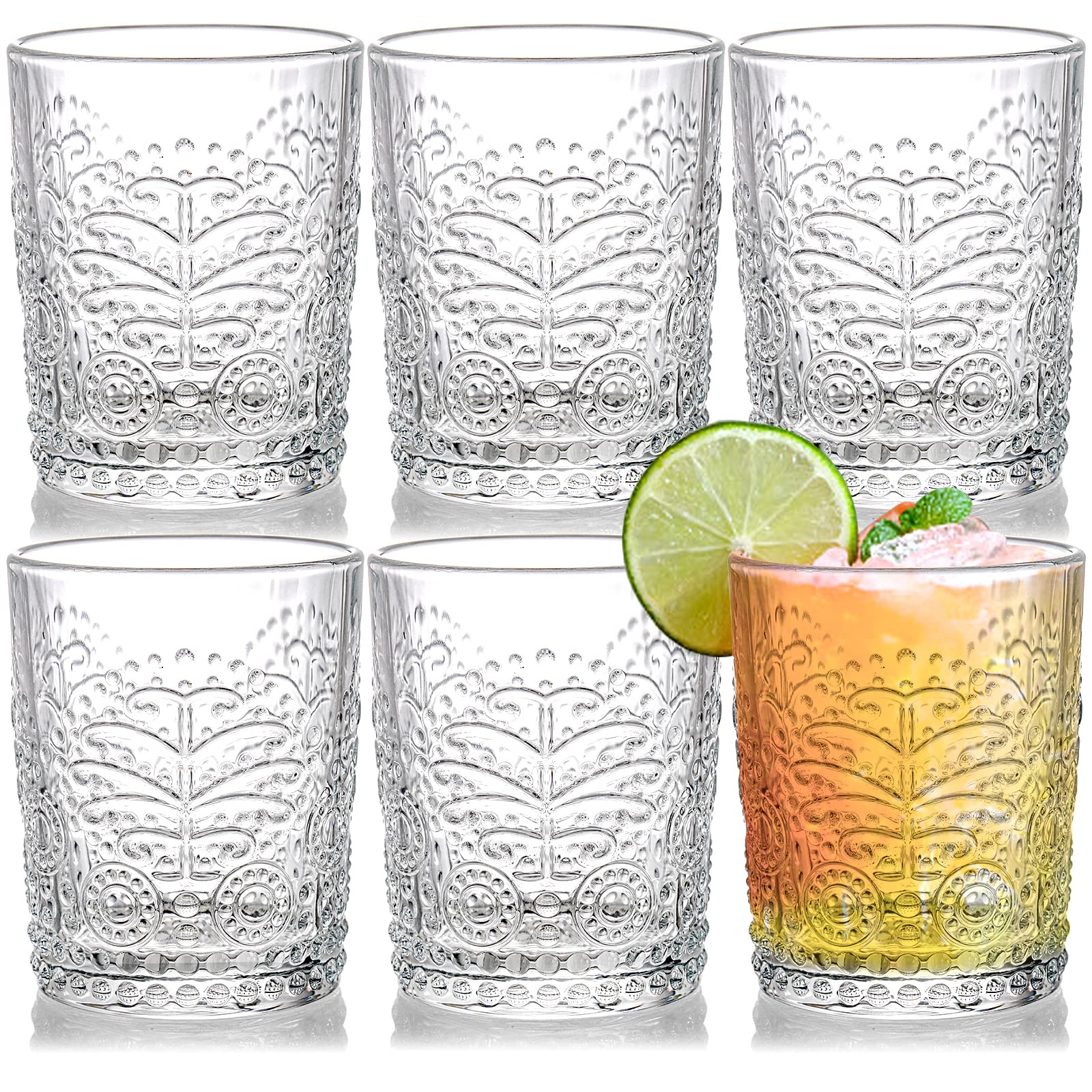 Okllen 6 Pack Clear Romantic Drinking Glasses, 10 Oz Embossed Water Glasses Tumblers, Vintage Glassware Set Highball for Juice, Whisky, Beverages, Beer, Cocktail