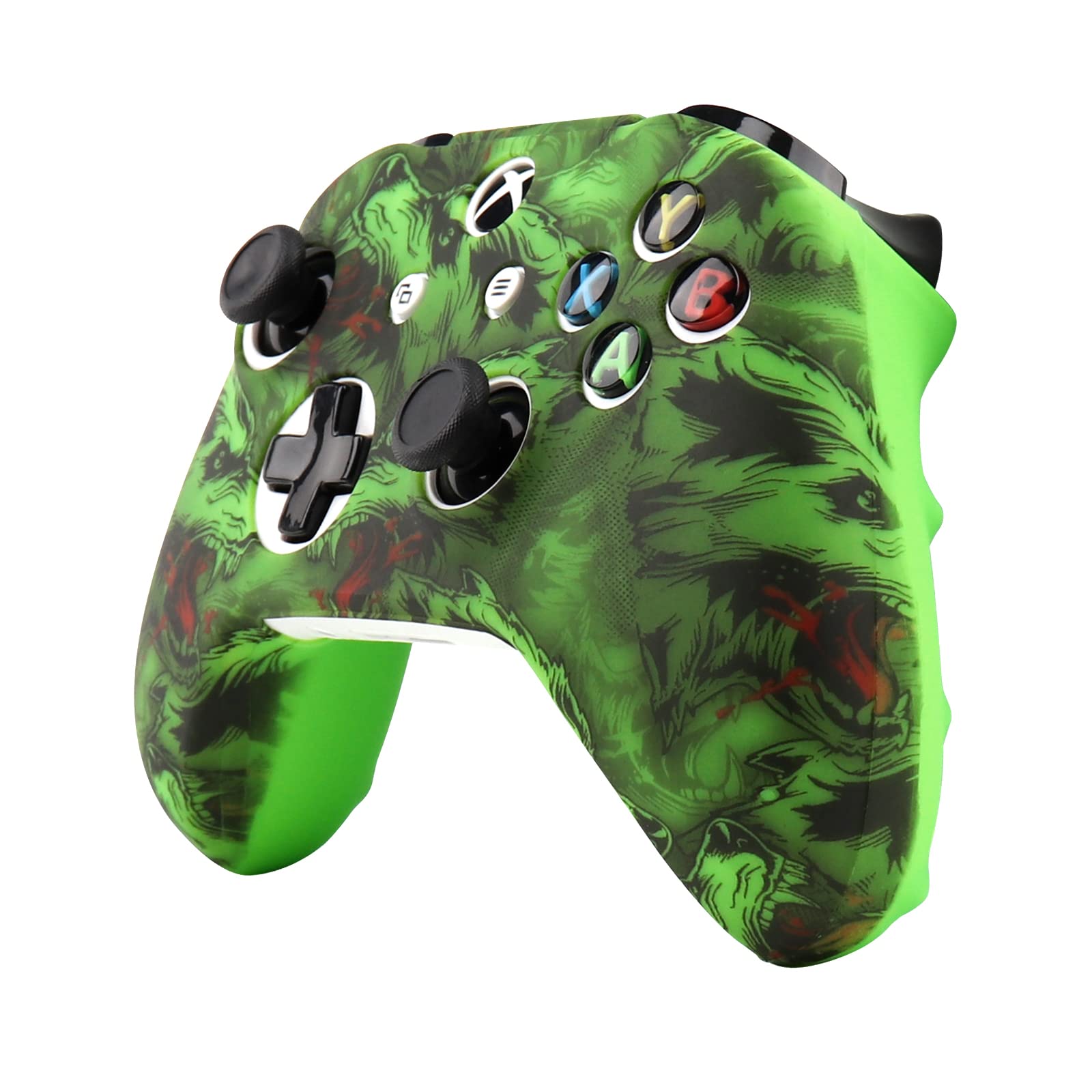 RALAN Anti SlipSilicone Cover Laser Wolf Skin Protective Case for Xbox One S/X Controller.(Black Pro Thumb Grip x 8,Cat + Skull Cap Cover Grip x 2).