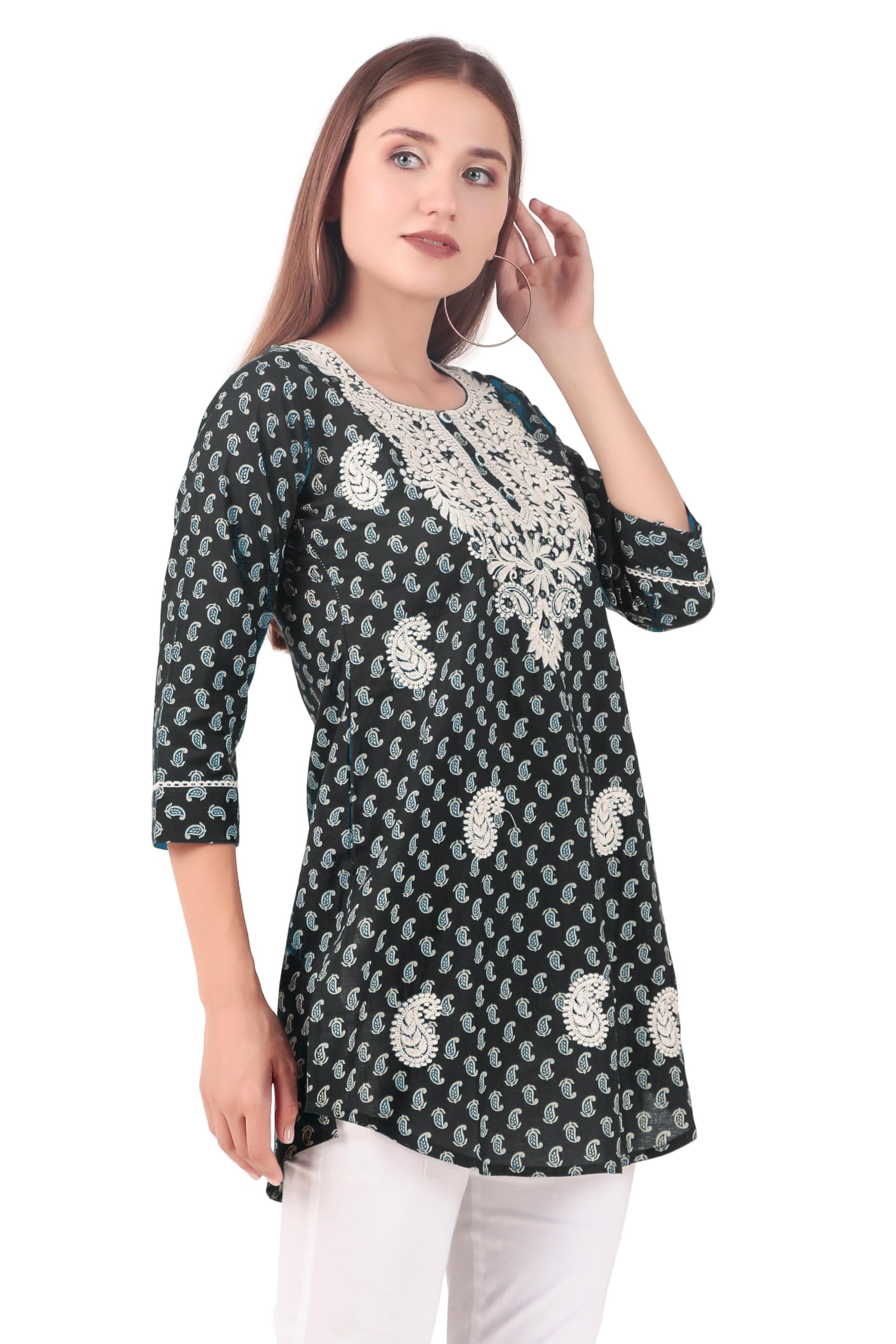 ladyline Cotton Printed Tunic Top Chikankari Embroidered Short Kurti Kurta Womens (CEK NJSP) (46/ Black)