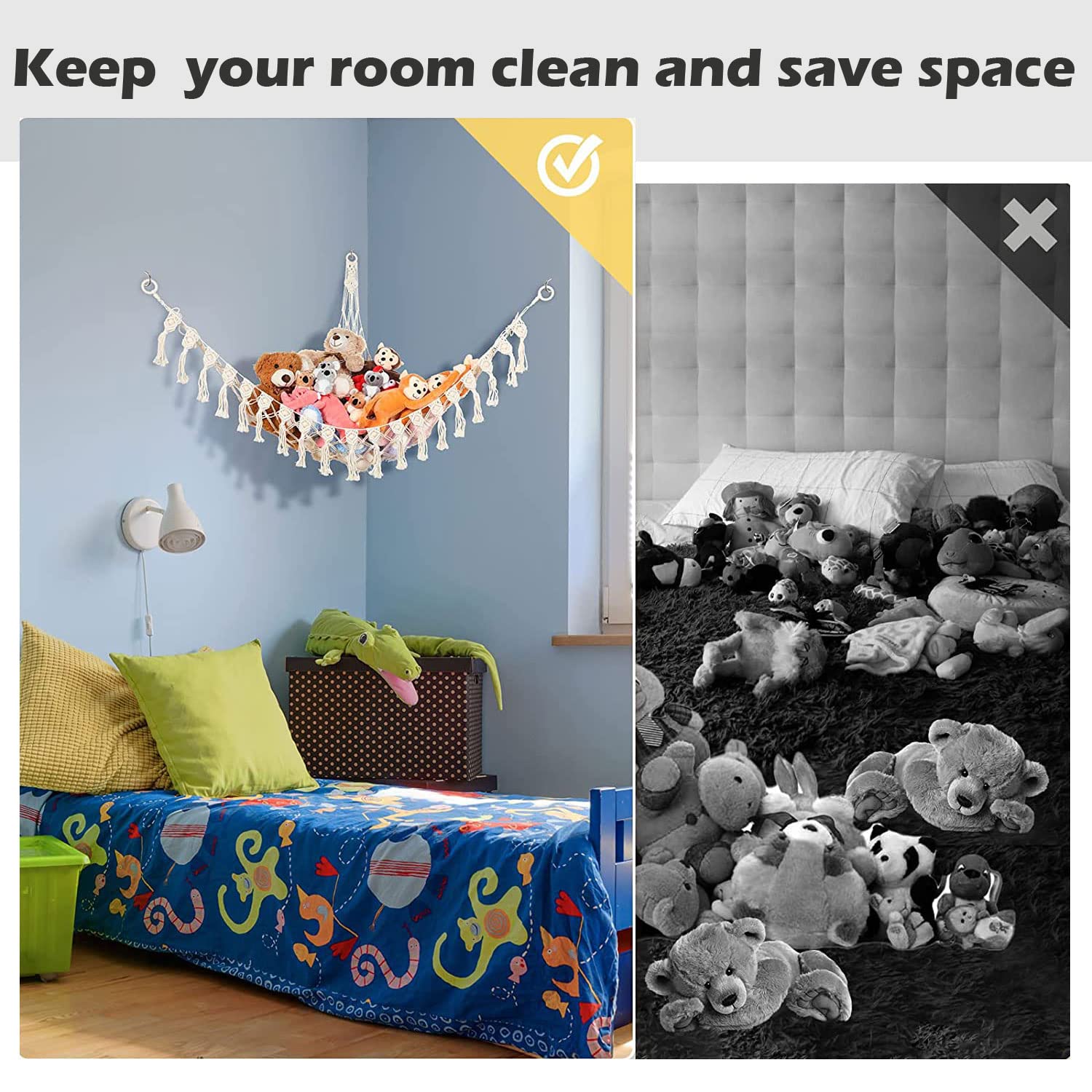 Stuffed Animal Net or Hammock with Hooks for Hanging Jumbo Doll Room Organizer Mesh Decoration-Hanging Storage Crib Kindergarten Rip-Resistant Stuff Animals Holder (SHUANGPIN)
